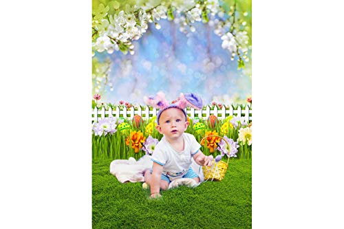 Swepuck 5x7ft Durable Fabric Easter Backdrop Spring Flowers Green Grass Fence Eggs Bokeh Sky Photography Background Baby Kid Children Portrait Floral Party Decoration Photo Booth Studio Props