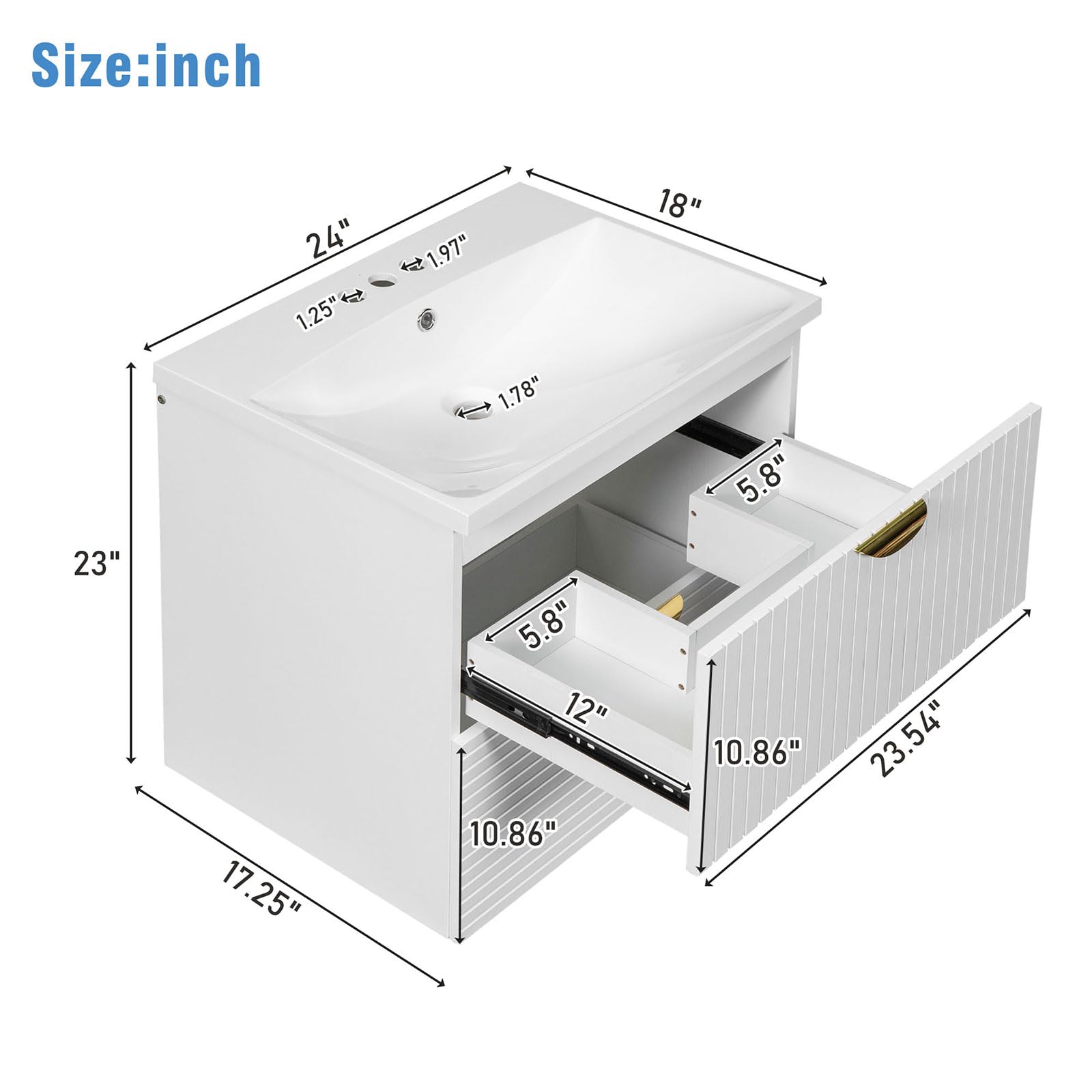 Appot WF311074AAK Modern 24-Inch Wall-Mounted Bathroom 2 Drawers, Bath Room Vanities with Ceramic Basin Sink (Faucet Not Included), White
