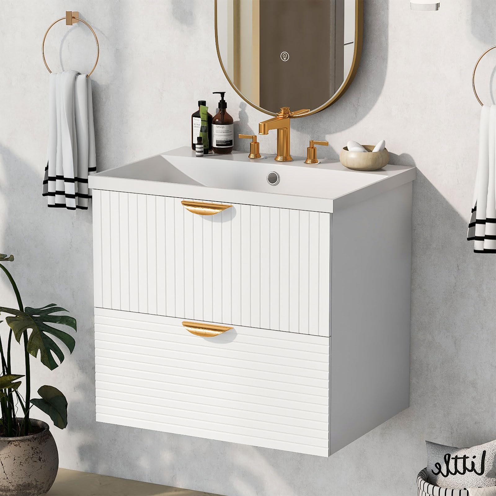 Appot WF311074AAK Modern 24-Inch Wall-Mounted Bathroom 2 Drawers, Bath Room Vanities with Ceramic Basin Sink (Faucet Not Included), White