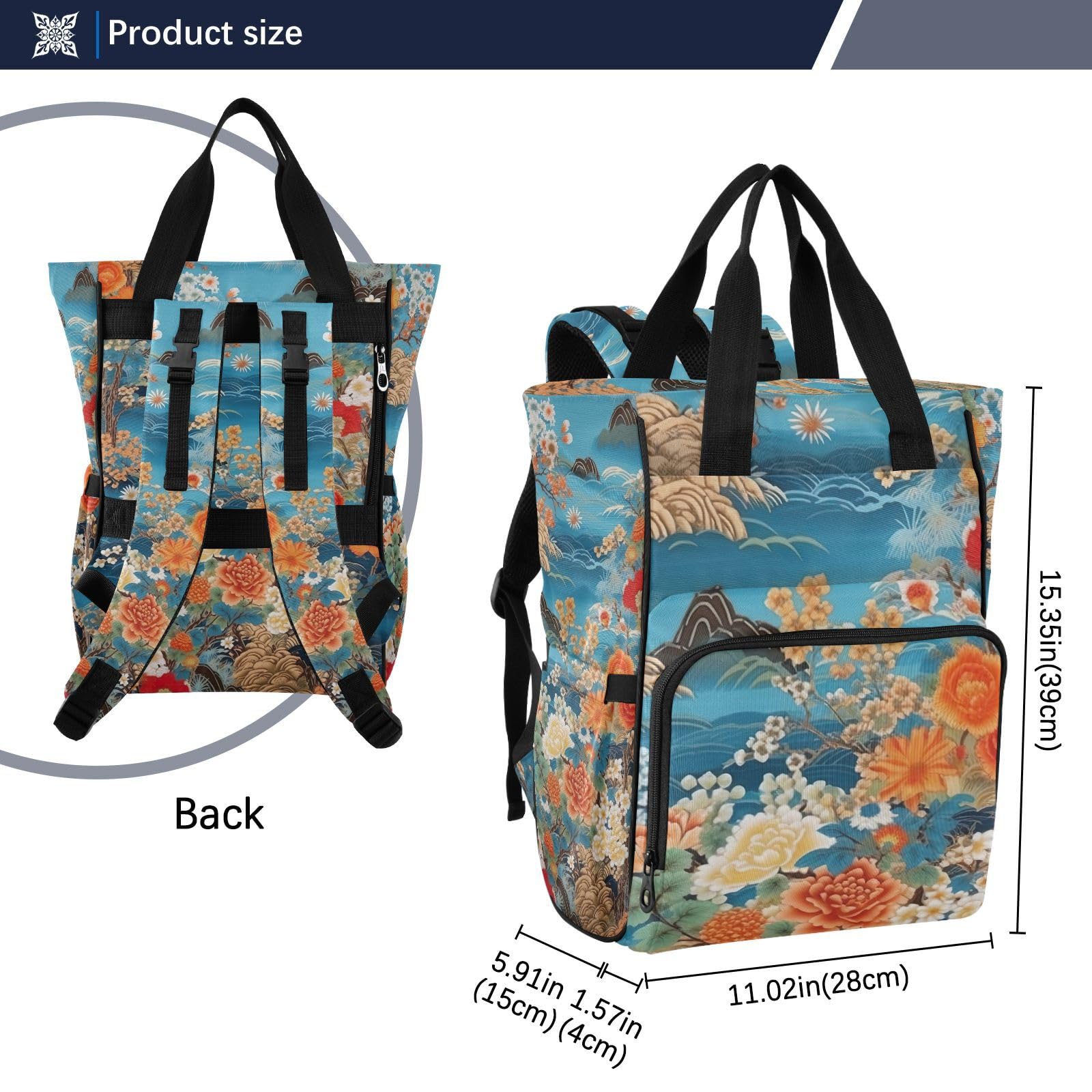xigua Japanese Flowers Diaper Bag Backpack Multi Function Baby Changing Bags Waterproof Large Capacity Travel Back Pack for Mom Dad