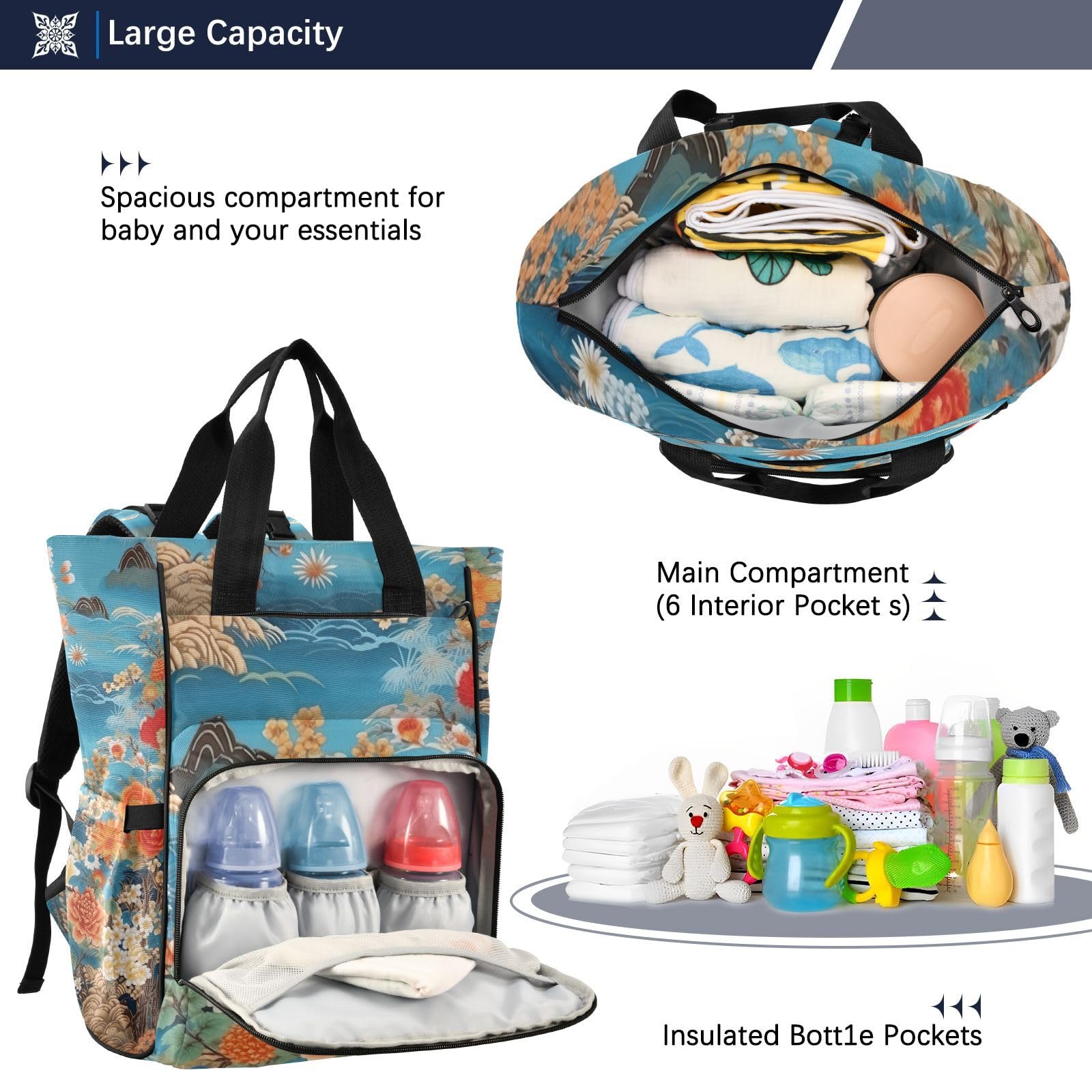 xigua Japanese Flowers Diaper Bag Backpack Multi Function Baby Changing Bags Waterproof Large Capacity Travel Back Pack for Mom Dad