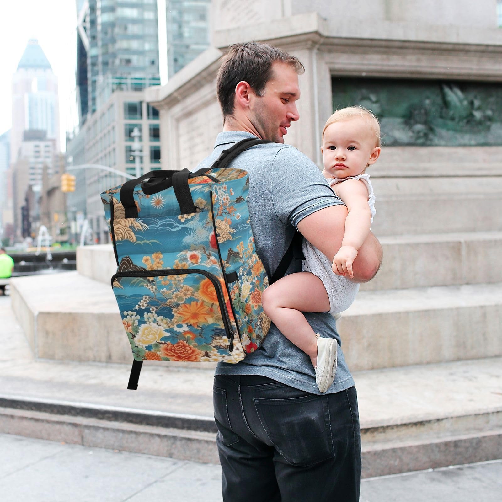 xigua Japanese Flowers Diaper Bag Backpack Multi Function Baby Changing Bags Waterproof Large Capacity Travel Back Pack for Mom Dad