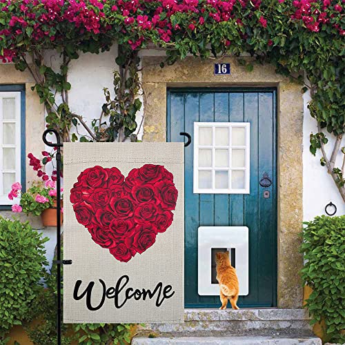 Welcome Valentines Day Garden Flag, hogardeck 12.5x18 Inch Vertical Double Sided Rose Heart Yard Flag, Farmhouse Rustic Outdoor Valentines Day Decor