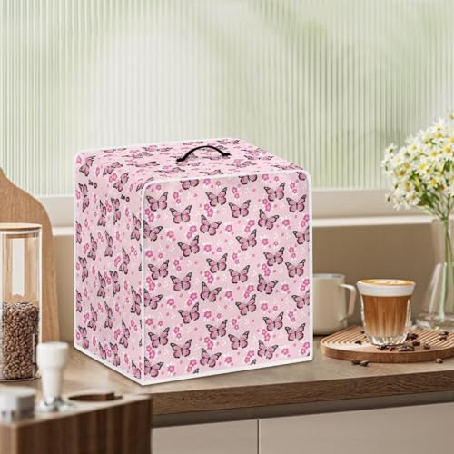 TODIYADDU Pink Floral Butterfly Coffee Maker Cover for Women Men Coffee Machine Cover with Top Handle Coffee Maker Appliance Cover for Kitchen Waterproof Cover for Home Appliances and Tools-L