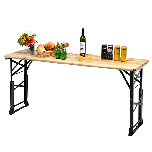 Giantex Folding Picnic Table, Wood Outdoor Table with Umbrella Hole, Adjustable Metal Legs, Patio Bistro Table for Garden Party Backyard, Rectangular Camping Table No Assembly