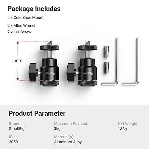 SmallRig 1/4" Camera Hot Shoe Mount, Ballhead Tripod with Additional 1/4" Screw, 2pcs Pack - 2059