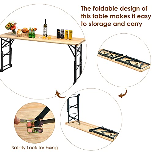 Giantex Folding Picnic Table, Wood Outdoor Table with Umbrella Hole, Adjustable Metal Legs, Patio Bistro Table for Garden Party Backyard, Rectangular Camping Table No Assembly