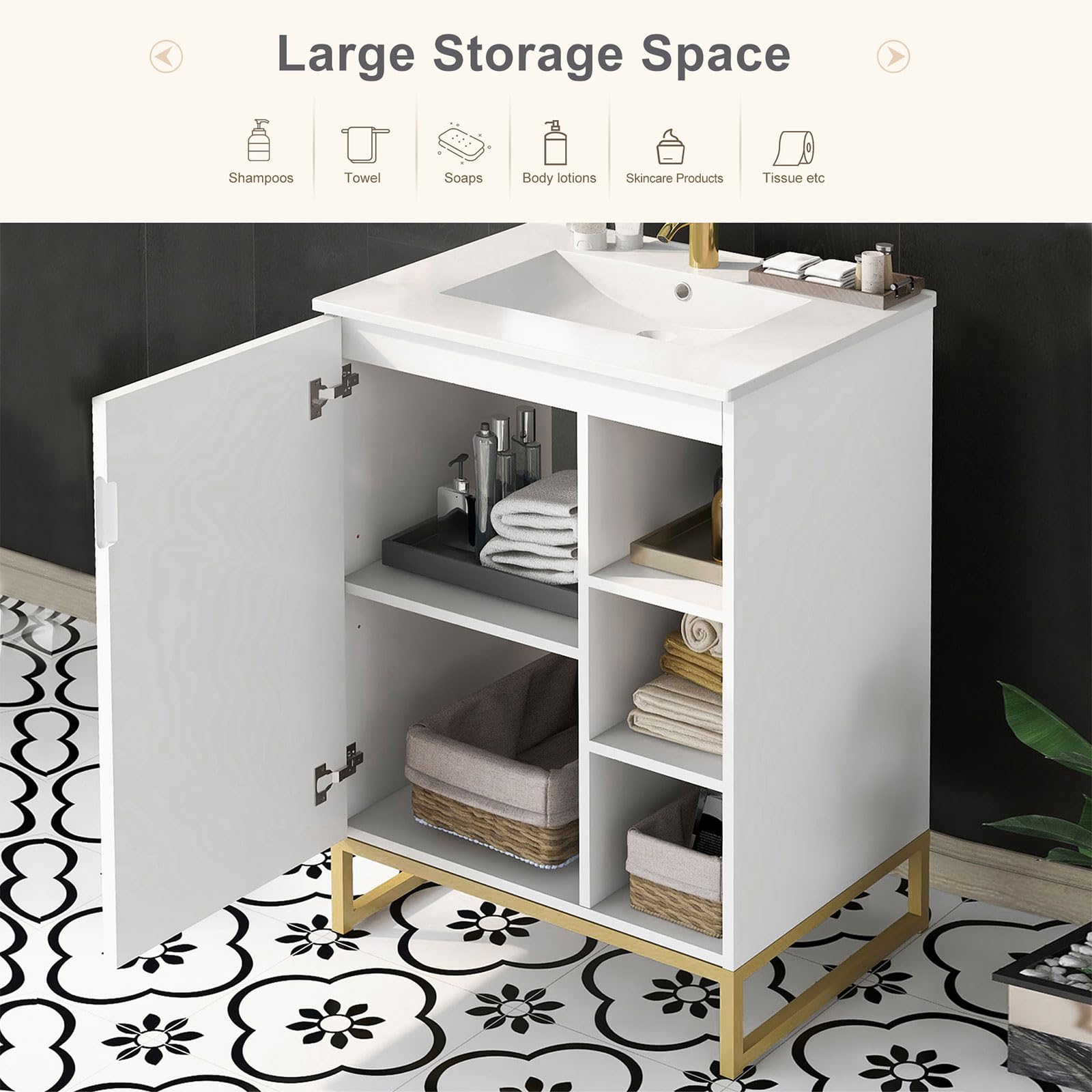 Appot 24inch Bathroom Vanity Sink Combo for Small Space, Bath Room Vanities with Ceramic Basin, Gold Legs and Semi-Open Storage(Faucet Not Included)