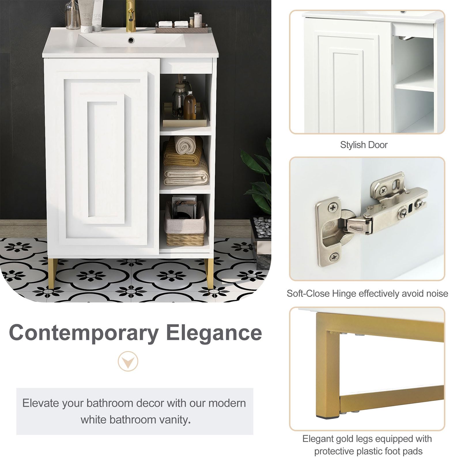Appot 24inch Bathroom Vanity Sink Combo for Small Space, Bath Room Vanities with Ceramic Basin, Gold Legs and Semi-Open Storage(Faucet Not Included)