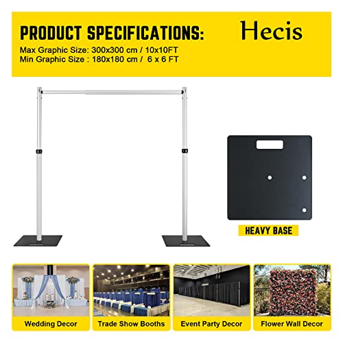 Hecis Pipe and Drape, Portable Pipe and Drape Backdrop Stand with Crossbar, Adjustable Pipe and Drape Backdrop Kit for Event, Party, Trade Shows and Wedding Decor, 10FTX10FT Double Crossbar