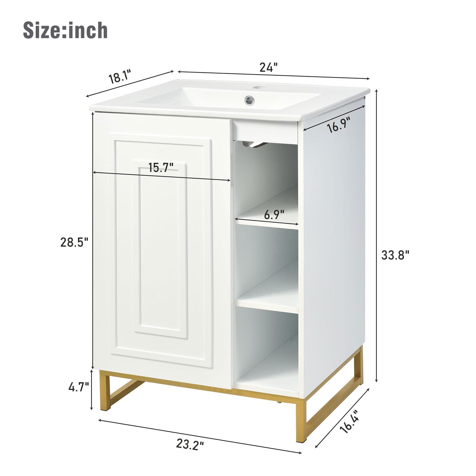 Appot 24inch Bathroom Vanity Sink Combo for Small Space, Bath Room Vanities with Ceramic Basin, Gold Legs and Semi-Open Storage(Faucet Not Included)