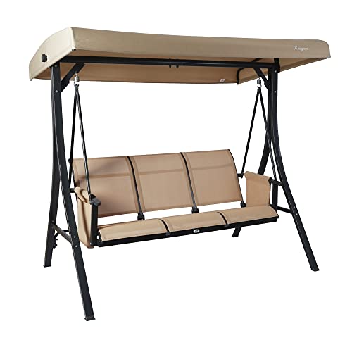 Kozyard Brenda 3 Person Outdoor Patio Swing with Strong Weather Resistant Powder Coated Steel Frame and Textilence Seats (Tan)