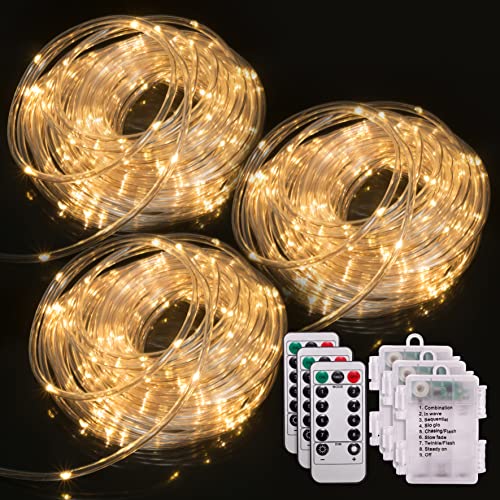 Joiedomi 3x120LED Warm White Rope Lights 46FT 8 Modes String Lights Battery Operated Outdoor Waterproof Fairy Lights Dimmable/Timer with Remote for Camping Party Garden Bedroom Christmas Decoration