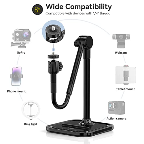Webcam Stand with Phone Holder, 2 in 1 Adjustable Flexible Gooseneck Camera Mount Desktop Stand with Cell Phone Clamp for Logitech C922 C930e C920S C920 C615, Brio 4K, Gopro Hero and Other Devices