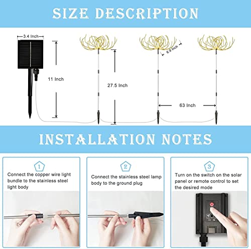 Outdoor Solar Garden Lights 6 Pack, 120 LED Copper Wire Light with Remote, 8 Lighting Modes Decorative Stake Landscape Light DIY Solar Firework Light for Garden Pathway Party Decor (Multi)