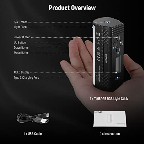 NEEWER Magnetic Handheld Light Wand, 360° Full RGB Mini LED Video Light Stick with 2500mAh Rechargeable Battery, 2500-8500K Dimmable Camera Tube Light for Photography TikTok YouTube Vlog, TL96RGB