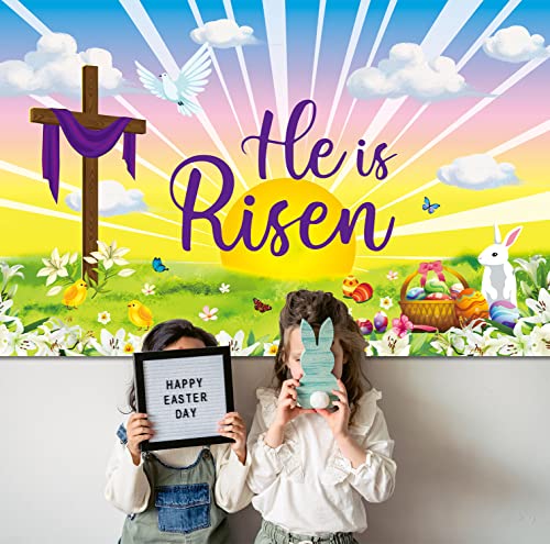 JKQ Easter He is Risen Backdrop Banner 73 x 43 Inch Large Size Jesus Resurrection Cross Sun Lily Background Banner Religious Holiday Party Decorations Easter Spring Indoor Outdoor Photo Booth Props