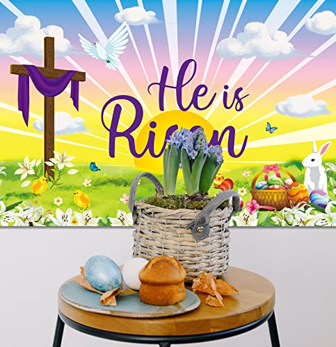 JKQ Easter He is Risen Backdrop Banner 73 x 43 Inch Large Size Jesus Resurrection Cross Sun Lily Background Banner Religious Holiday Party Decorations Easter Spring Indoor Outdoor Photo Booth Props