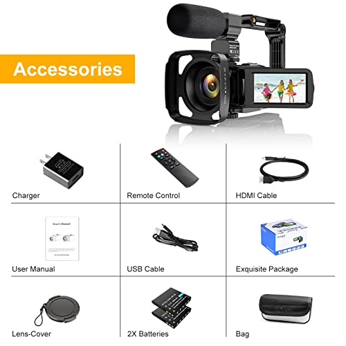 Video Camera Camcorder UHD 2.7K 30FPS 36MP IR Night Version Vlogging Camera Recorder 3.0 Inch Touch Screen 16X Digital Zoom Camera with Microphone, Handheld Stabilizer, Lens Hood, Remote, 2 Batteries