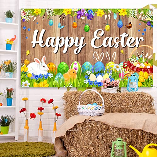 Happy Easter Decorations Easter Backdrops Photography Banner Bunny Grassland Rustic Wood Background Eggs Banner for Jesus Easter Spring Party Decorations, 70.8 x 43.3 Inch