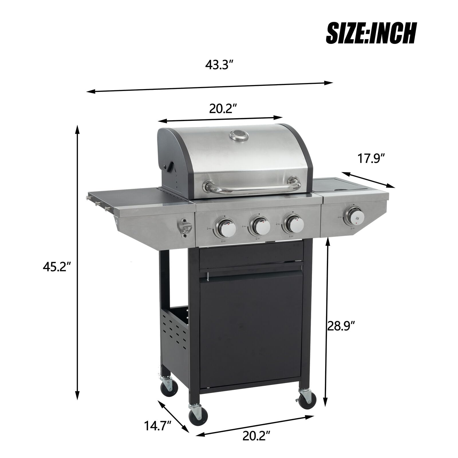 3-Burners Propane Gas Grill with Side Burner & Thermometer, 33950 BTU Output Stainless Steel Grill for Outdoor BBQ and Camping, Patio Backyard Barbecue(3 Burner+Side Burner)