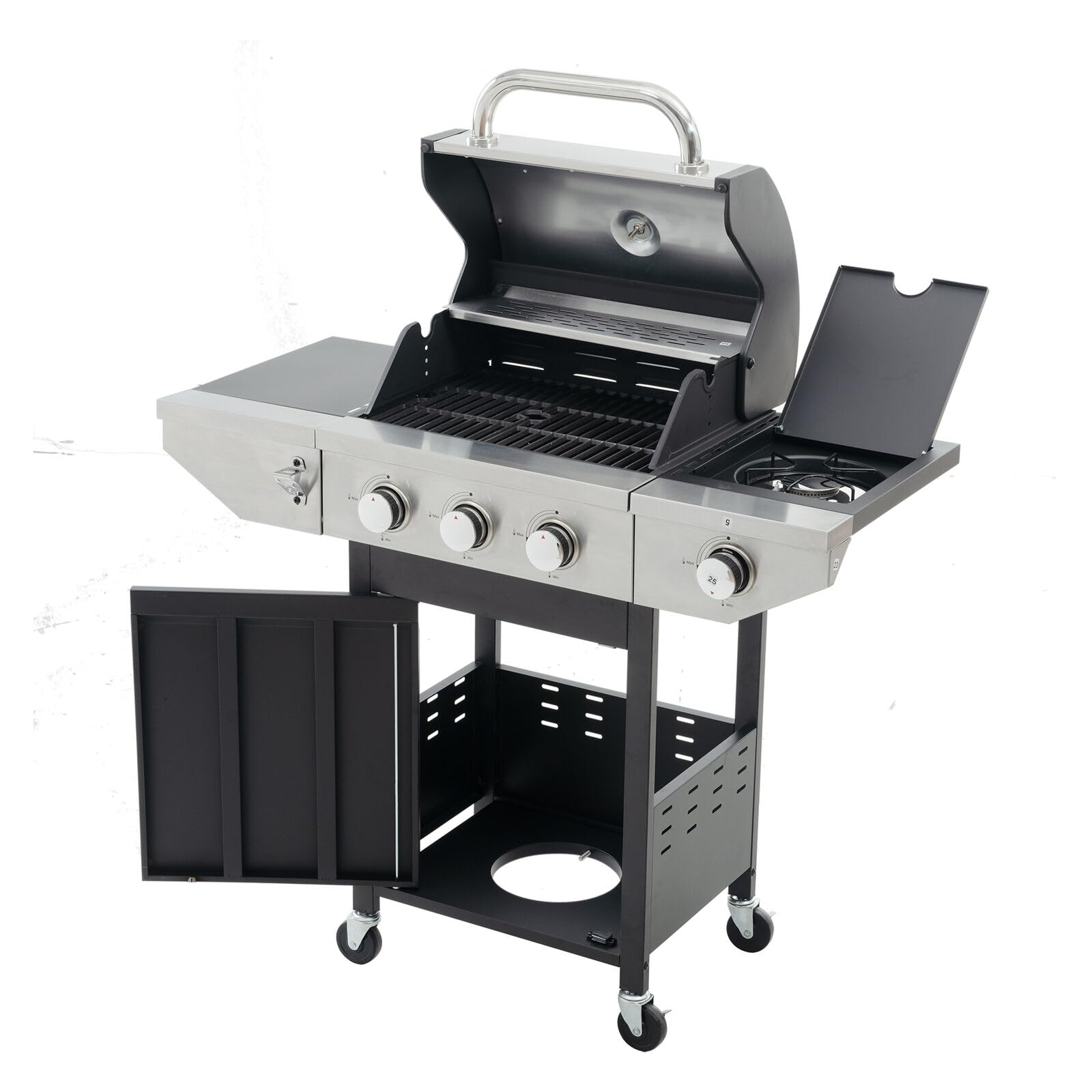 3-Burners Propane Gas Grill with Side Burner & Thermometer, 33950 BTU Output Stainless Steel Grill for Outdoor BBQ and Camping, Patio Backyard Barbecue(3 Burner+Side Burner)