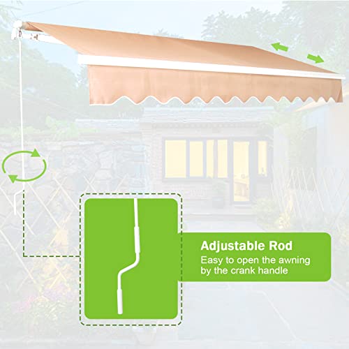 Patio Awning Retractable Awning Sunshade Shelter Deck Canopy Window Door Awning with Crank Handle and UV Water-Resistant Fabric for Outside Patio Porch Garden,Tan (8’x10’)