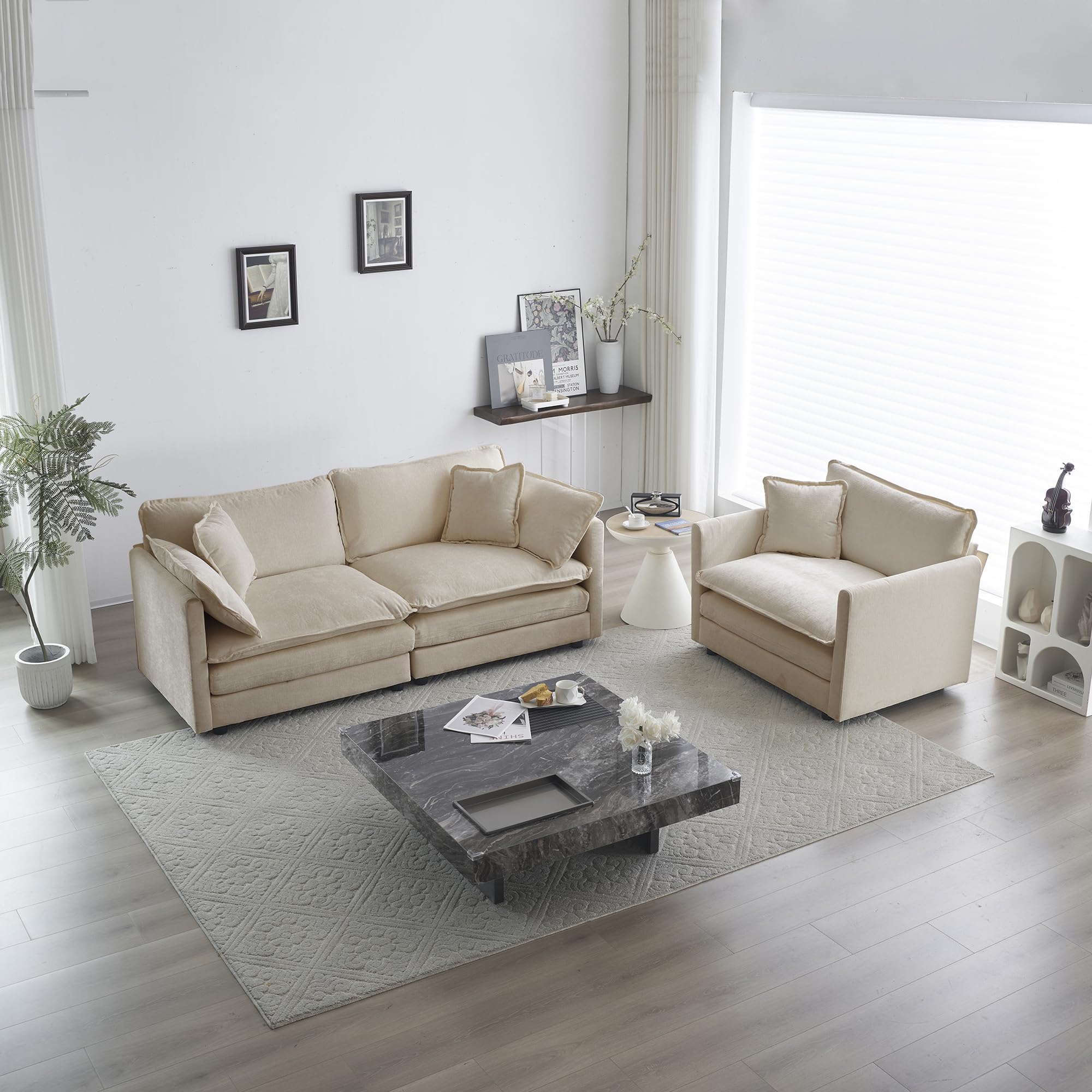 WILLIAMSPACE 41" Single Sofa Chair, Modern Upholstered Armchair with 1 Toss Pillow, Small Cream Couch Chair for Living Room, Deep Seat Reading Sofa for Bedroom Apartment, Chenille Fabric (Beige)