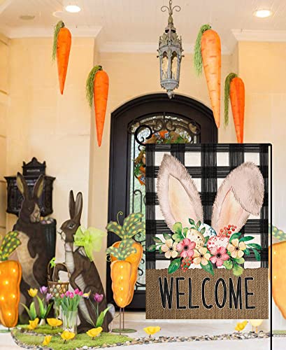 Sambosk Buffalo Easter Bunny Small Garden Flag Welcome Spring Vertical Double Sided Burlap Rabbit Ear Egg Floral Farmhouse Yard Outdoor Decoration 12 x 18 Inches