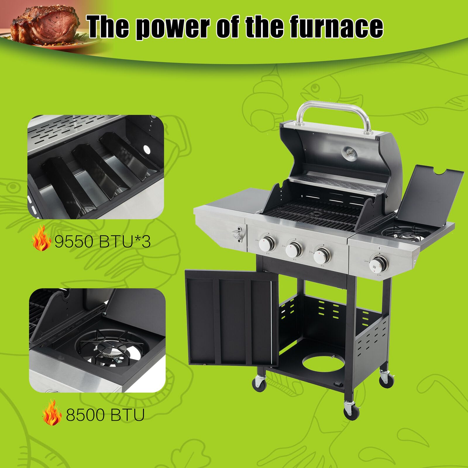 3-Burners Propane Gas Grill with Side Burner & Thermometer, 33950 BTU Output Stainless Steel Grill for Outdoor BBQ and Camping, Patio Backyard Barbecue(3 Burner+Side Burner)