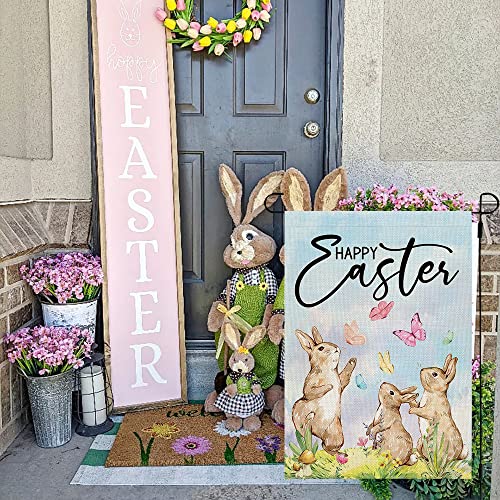 CROWNED BEAUTY Happy Easter Bunnies Garden Flag 12X18 Inch Small Double Sided for Outside Burlap Butterflies Yard Holiday Decoration CF759-12
