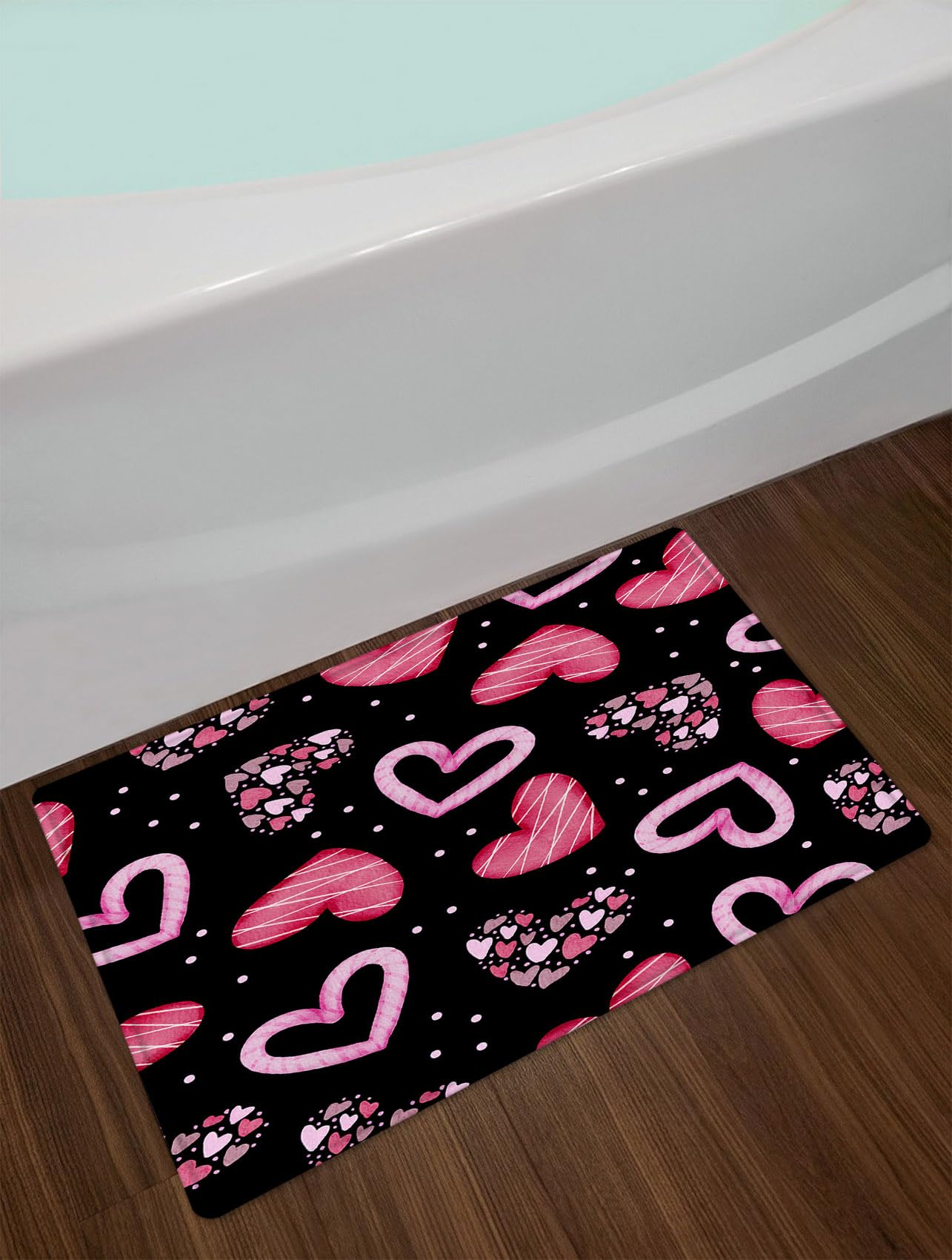 LB Romantic Valentines Day Bathroom Rug Pink and Red Love Heart Bath Mat Black Doormat Non Slip Memory Foam Super Absorbent Floor Mats,24Wx16H Inch
