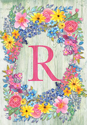 Spring Monogram Letter R Garden Flag Floral Wreath Briarwood Lane 18" x 12.5"