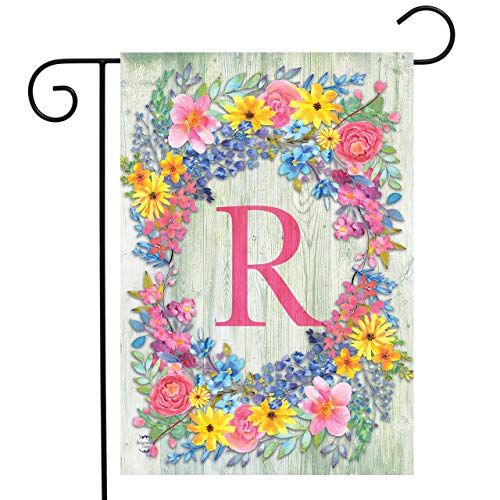 Spring Monogram Letter R Garden Flag Floral Wreath Briarwood Lane 18" x 12.5"