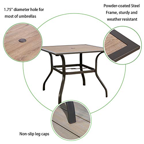PATIO TREE Outdoor Dining Table, Steel Frame Wooden-Like Dining Table Patio Square Heavy-Duty Garden Table with Umbrella Hole