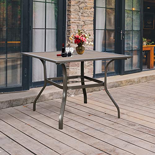 PATIO TREE Outdoor Dining Table, Steel Frame Wooden-Like Dining Table Patio Square Heavy-Duty Garden Table with Umbrella Hole