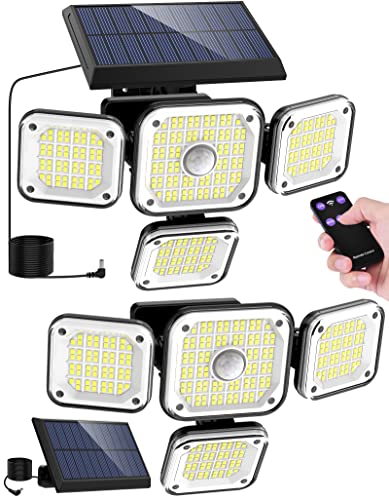 Solar Outdoor Lights Motion Sensor, 292 LED Solar Flood Lights w/Remote Control, 4 Heads Solar Panel Powered Security Lights IP65 Waterproof, Wired Solar Wall Lights for Garage Yard Shed Garden
