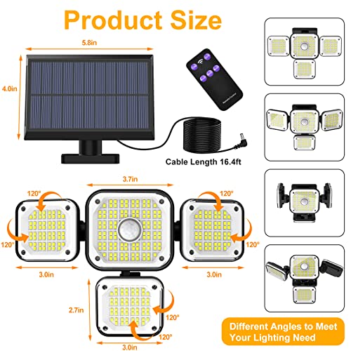 Solar Outdoor Lights Motion Sensor, 292 LED Solar Flood Lights w/Remote Control, 4 Heads Solar Panel Powered Security Lights IP65 Waterproof, Wired Solar Wall Lights for Garage Yard Shed Garden