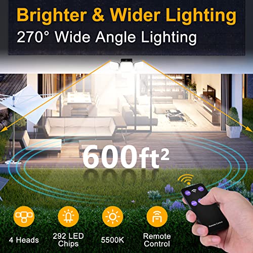Solar Outdoor Lights Motion Sensor, 292 LED Solar Flood Lights w/Remote Control, 4 Heads Solar Panel Powered Security Lights IP65 Waterproof, Wired Solar Wall Lights for Garage Yard Shed Garden