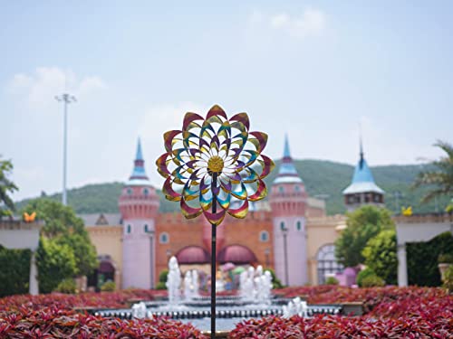 hourflik Rainbow Series Outdoor Garden Yard Art Decor Flower Windmill Pinwheel Wind Spinner with Ground Stake and Hanging Hook, Multi