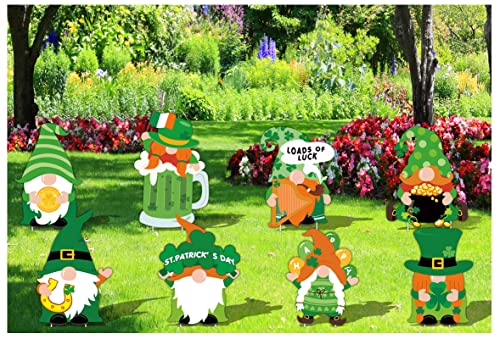 St. Patrick's Day Gnomes Yard Signs - 8 Pcs Large Outdoor Lawn Decorations Green Gnomes Decor Signs with Stakes for St. Paddy's Day Home Pathway Walkway Yard Garden Patio Party Decorations