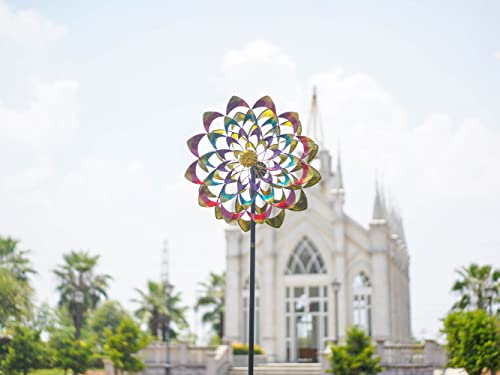 hourflik Rainbow Series Outdoor Garden Yard Art Decor Flower Windmill Pinwheel Wind Spinner with Ground Stake and Hanging Hook, Multi