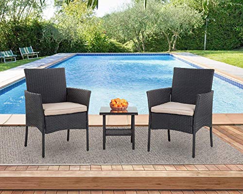 3 Pieces Patio Furniture Sets Outdoor Wicker Bistro Set Clearance Rattan Chairs Patio Set Conversation Sets with Coffee Table for Porch Poolside Balcony Garden Lawn, Black