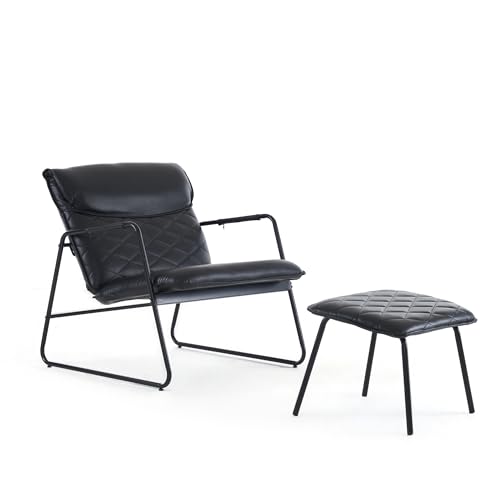 Tiophome Accent Chair and Ottoman Set, PU Leather Upholstered Comfy Side Leisure Lounge Armchair with Metal Frame & Lattice Back, Footstool for Living Room, Black, Extra Large