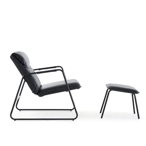 Tiophome Accent Chair and Ottoman Set, PU Leather Upholstered Comfy Side Leisure Lounge Armchair with Metal Frame & Lattice Back, Footstool for Living Room, Black, Extra Large