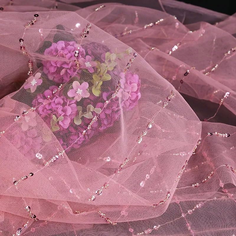 XMTXZYM 3 Yard Mesh Sequined Beaded Lace Fabric for Wedding Dress Evening Dress Handmade DIY Accessories