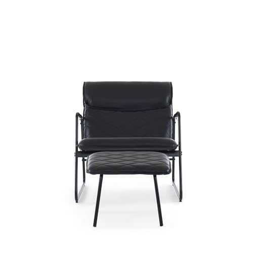 Tiophome Accent Chair and Ottoman Set, PU Leather Upholstered Comfy Side Leisure Lounge Armchair with Metal Frame & Lattice Back, Footstool for Living Room, Black, Extra Large