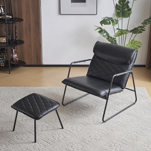 Tiophome Accent Chair and Ottoman Set, PU Leather Upholstered Comfy Side Leisure Lounge Armchair with Metal Frame & Lattice Back, Footstool for Living Room, Black, Extra Large