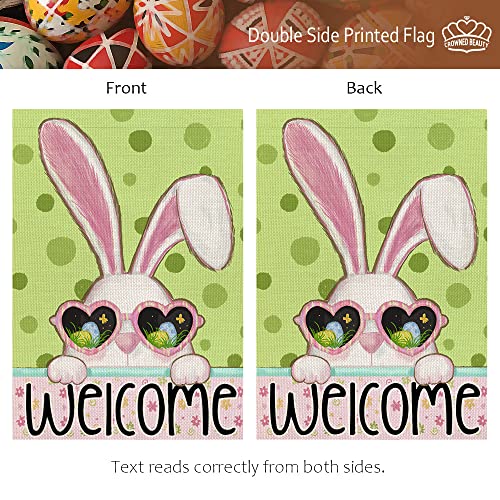 CROWNED BEAUTY Easter Bunny Garden Flag 12x18 Inch Double Sided for Outside Burlap Small Polka Dots Floral Welcome Yard Holiday Decoration