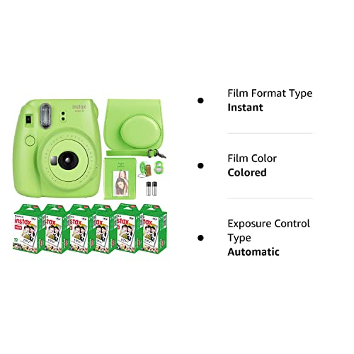 FujiFilm Instax Mini 9 Instant Camera + Fujifilm Instax Mini Film (60 Sheets) Bundle with Deals Number One Accessories Including Carrying Case, Selfie Lens, Photo Album (Lime Green)